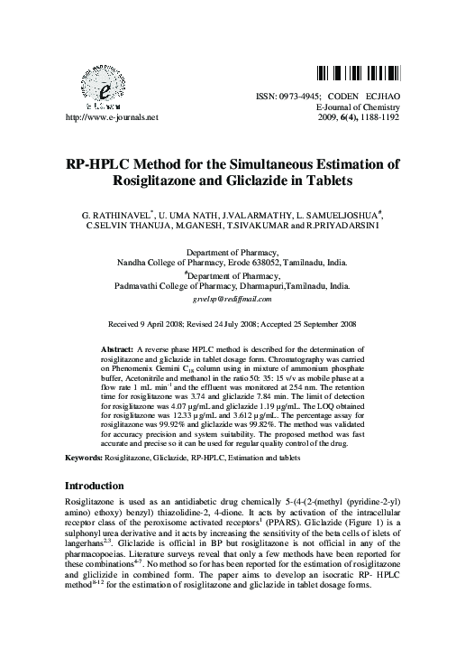 (PDF) RP-HPLC Method for the Simultaneous Estimation of Rosiglitazone and Gliclazide in Tablets