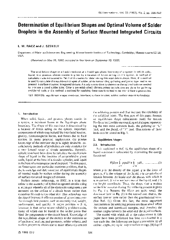 Pdf Determination Of Equilibrium Shapes And Optimal Volume Of Solder Droplets In The Assembly