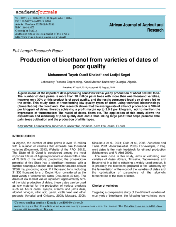 (PDF) Production of bioethanol from varieties of dates of poor quality