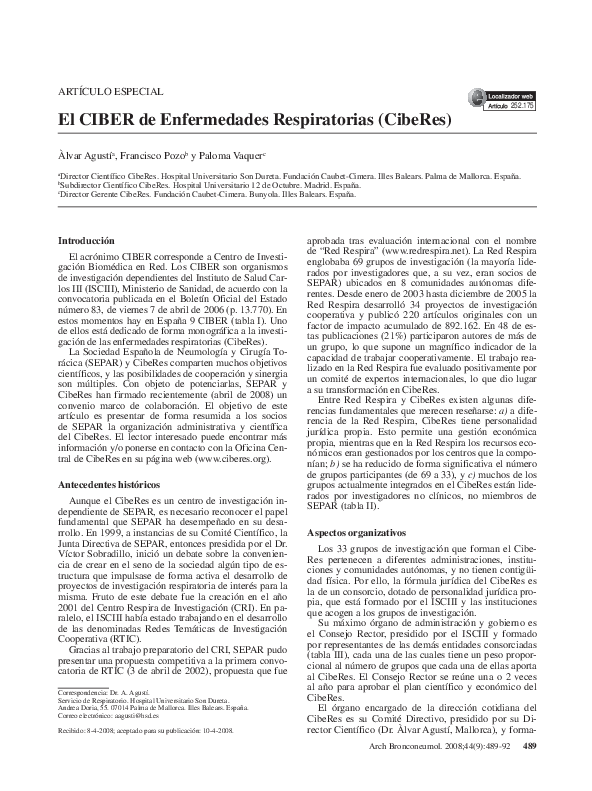 (PDF) El CIBER de Enfermedades Respiratorias (CibeRes) | Francisco Pozo ...