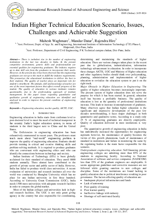 (PDF) Indian Higher Technical Education Scenario, Issues, Challenges ...