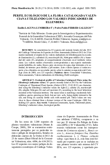 (PDF) Perfil Ecológico De La Flora Catalogada Valen- Ciana Utilizando Los Valores Indicadores De ...