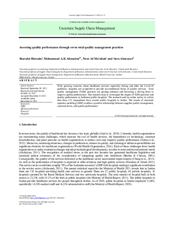 (PDF) Assessing quality performance through seven total quality management practices