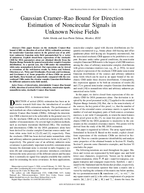 (PDF) Gaussian Cramer-Rao bound for direction estimation of noncircular signals in unknown noise ...