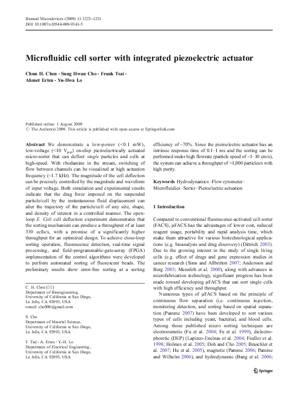 (PDF) Microfluidic cell sorter with integrated piezoelectric actuator