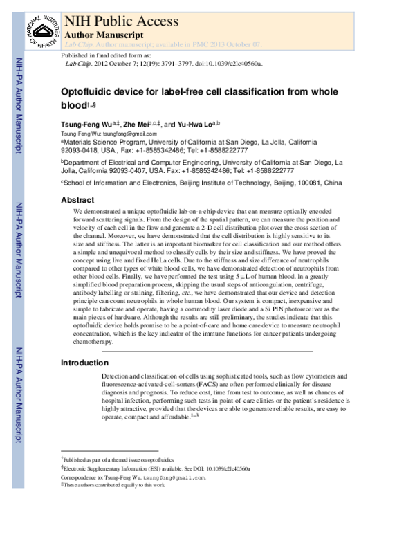 (PDF) Optofluidic device for label-free cell classification from whole ...