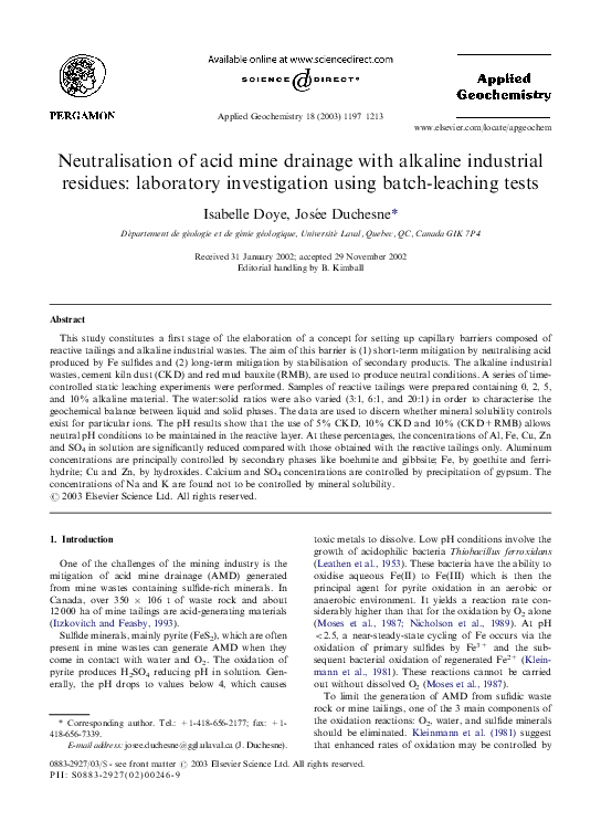 (PDF) Neutralisation of acid mine drainage with alkaline industrial ...