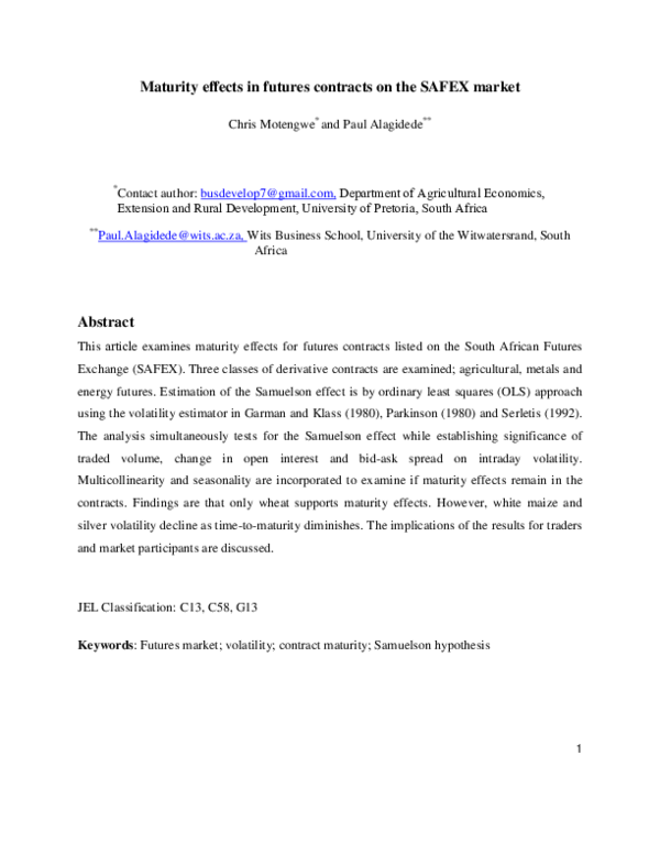 (PDF) Maturity Effects in Futures Contracts on the SAFEX Market
