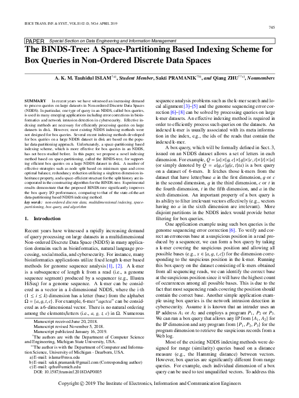 Pdf The Binds Tree A Space Partitioning Based Indexing Scheme For Box Queries In Non Ordered