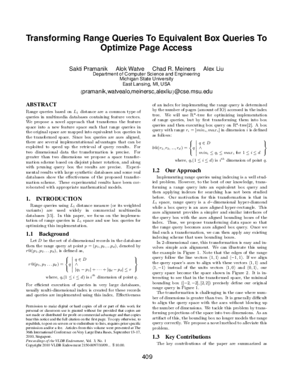 Pdf Transforming Range Queries To Equivalent Box Queries To Optimize Page Access Sakti