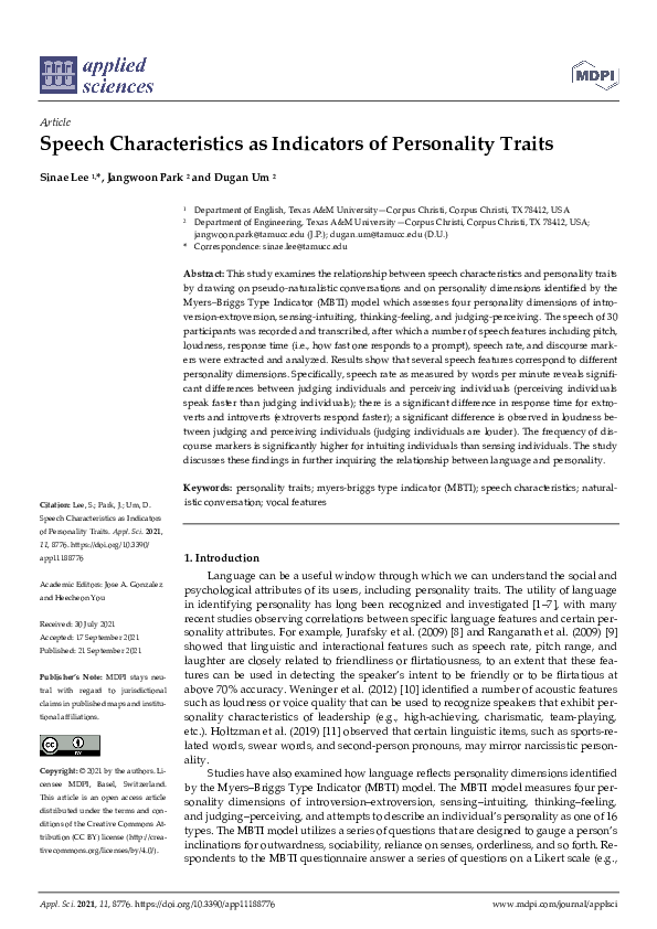 (PDF) Speech Characteristics as Indicators of Personality Traits