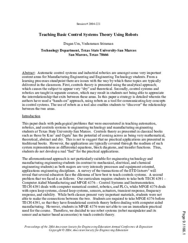 (PDF) Teaching Basic Control Systems Theory Using Robots