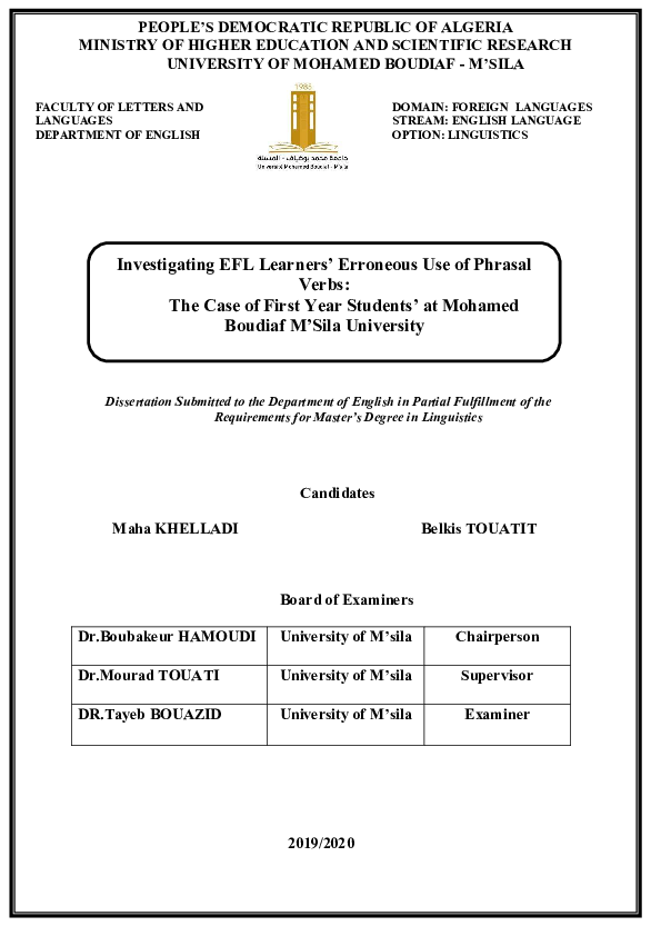 (PDF) Investigating EFL Learners’ Erroneous Use of Phrasal Verbs