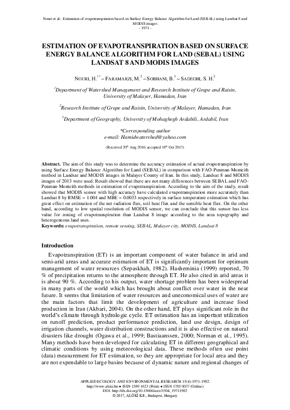 Pdf Estimation Of Evapotranspiration Based On Surface Energy Balance Algorithm For Land Sebal