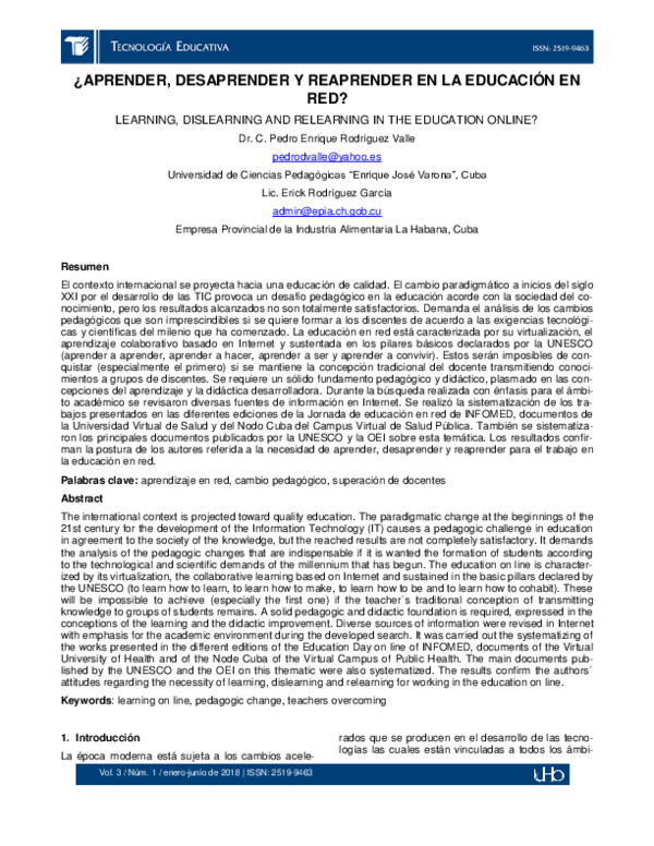(PDF) ¿Aprender, Desaprender y Reaprender en La Educación en Red?