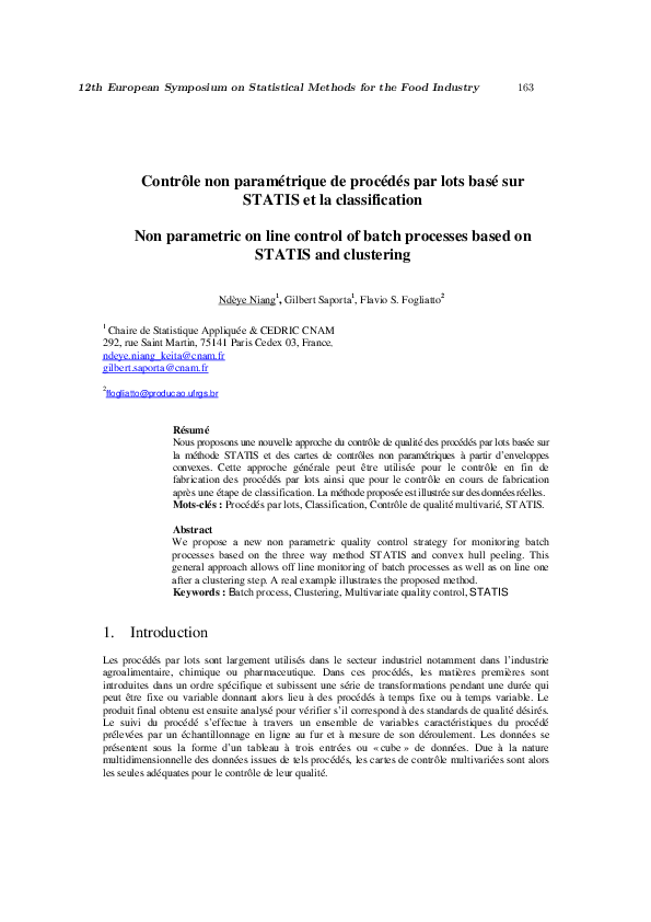 Pdf Non Parametric On Line Control Of Batch Processes Based On Statis And Clustering Ndeye