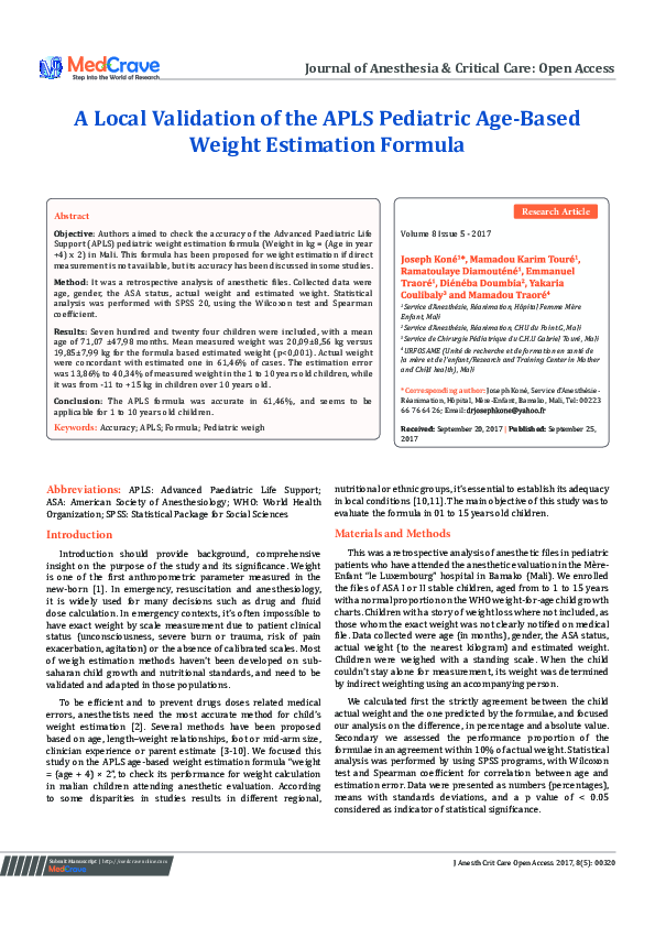 (PDF) A Local Validation of the APLS Pediatric Age-Based Weight ...