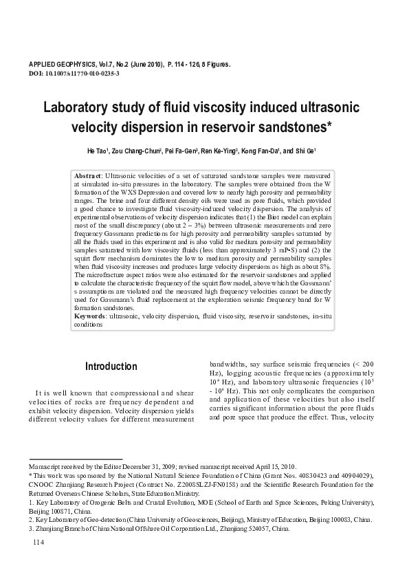 (PDF) Laboratory study of fluid viscosity induced ultrasonic velocity dispersion in reservoir ...