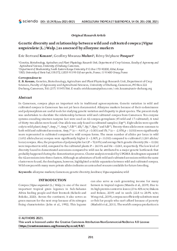 (PDF) Genetic diversity and relationship between wild and cultivated cowpea [Vigna unguiculata ...