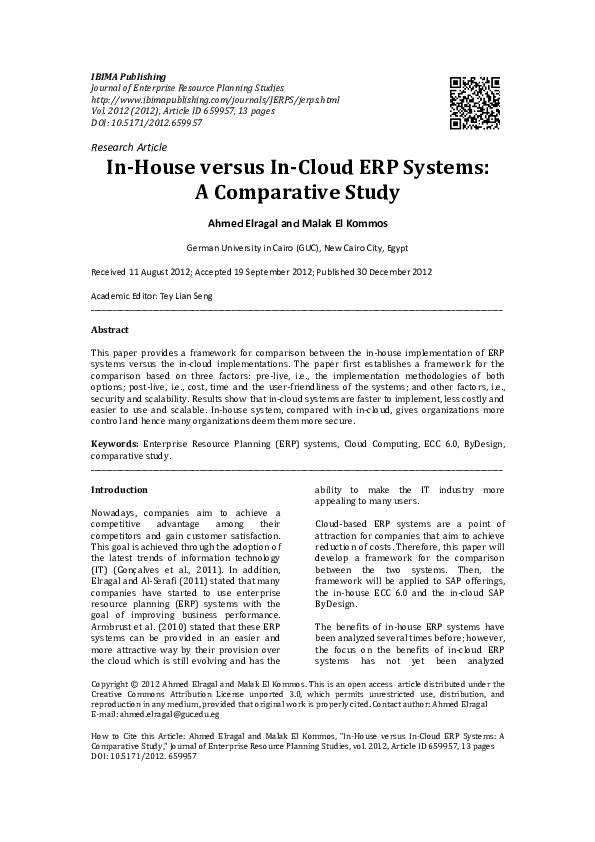 (PDF) In-House versus In-Cloud ERP Systems: A Comparative Study | Ahmed ...