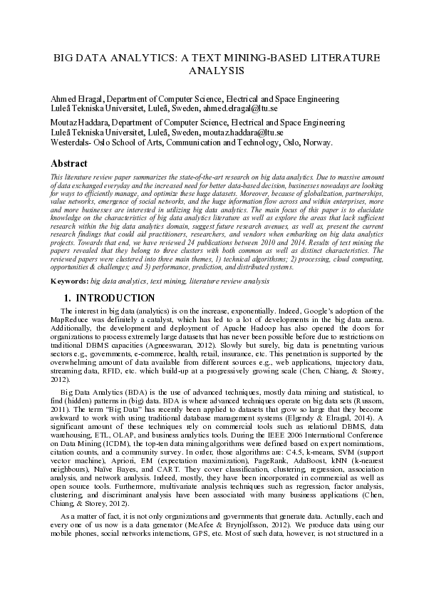 Pdf Big Data Analytics A Text Mining Based Literature Analysis Ahmed Elragal