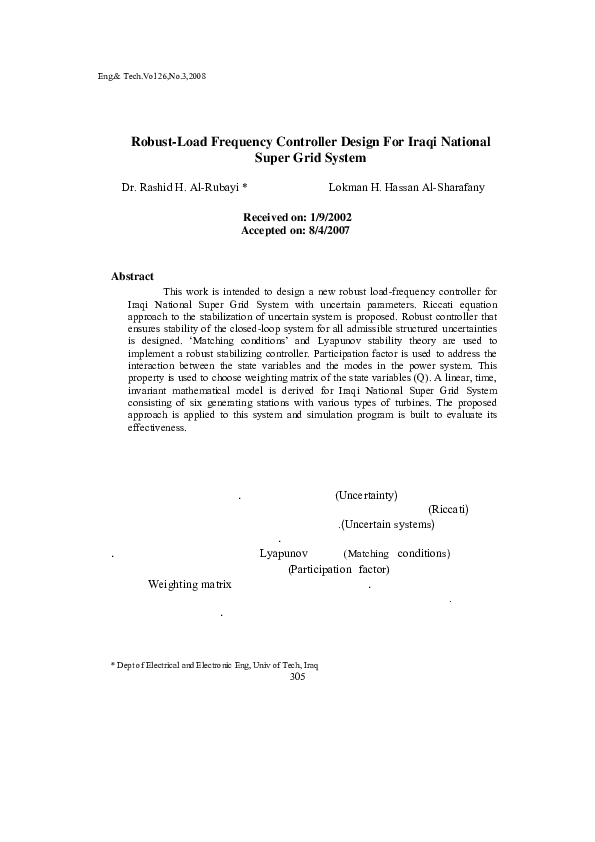 (PDF) Robust Load-Frequency Controller Design for Iraqi National Super Grid System