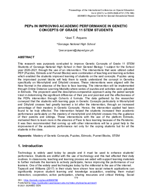 (PDF) PEPs IN IMPROVING ACADEMIC PERFORMANCE IN GENETIC CONCEPTS OF ...