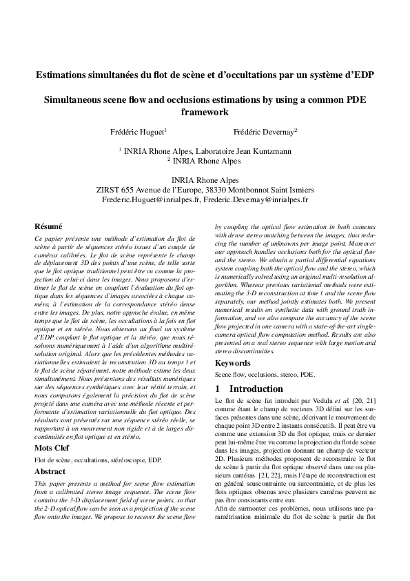 Pdf Simultaneous Scene Flow And Occlusions Estimations By Using A Common Pde Framework