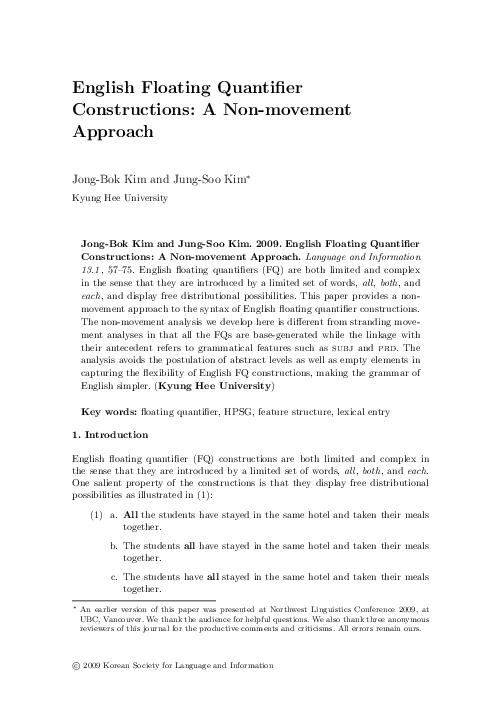(PDF) English Floating Quantifier Constructions: A Non-movement Approach