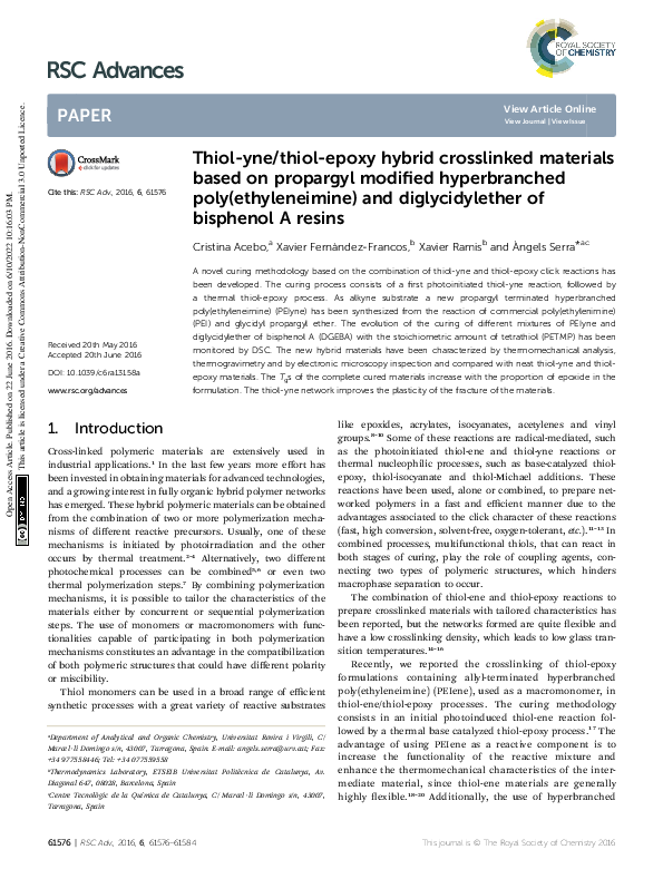(PDF) Thiol-yne/thiol-epoxy hybrid crosslinked materials based on ...