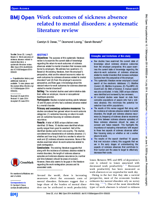 (PDF) Work outcomes of sickness absence related to mental disorders: a ...