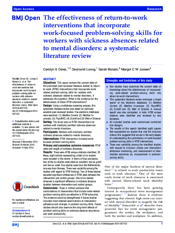 The effectiveness of return-to-work interventions that incorporate work ...