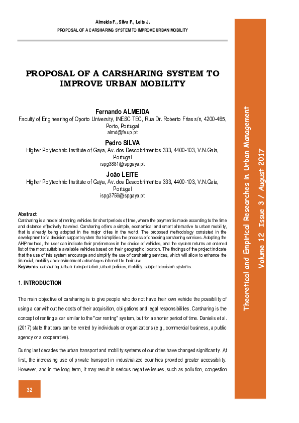 (PDF) Proposal of a Carsharing System to Improve Urban Mobility