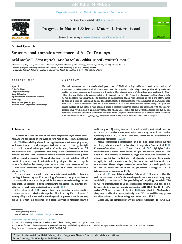 (PDF) Structure and corrosion resistance of Al–Cu–Fe alloys