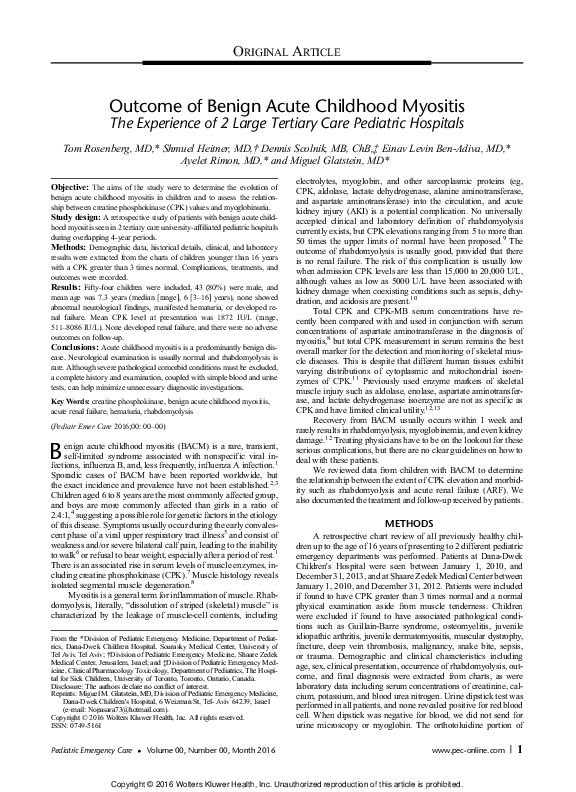 (PDF) Outcome of Benign Acute Childhood Myositis