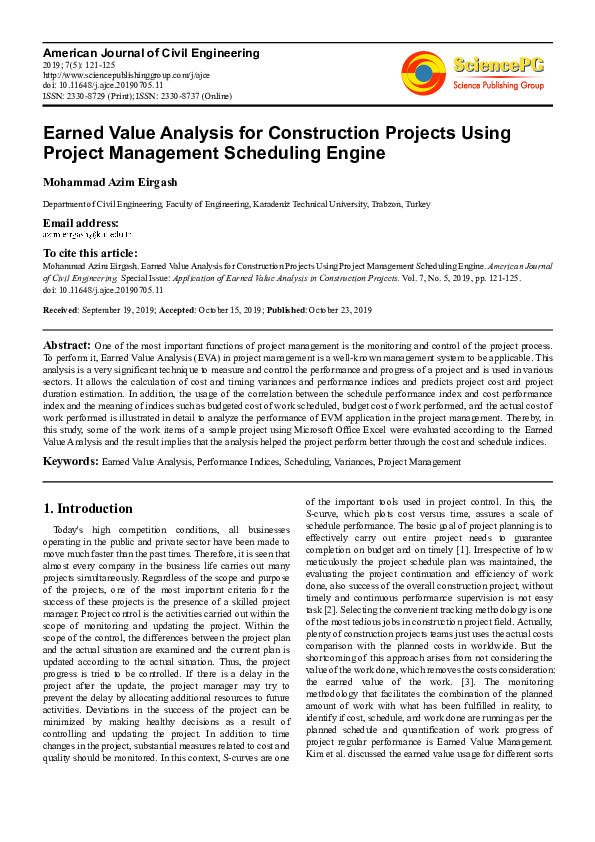 (PDF) Earned Value Analysis for Construction Projects Using Project Management Scheduling Engine