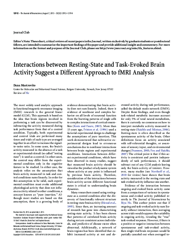 Pdf Interactions Between Resting State And Task Evoked Brain Activity
