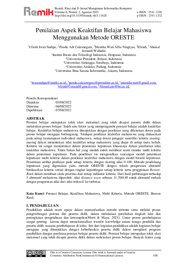 (PDF) Penilaian Aspek Keaktifan Belajar Mahasiswa Menggunakan Metode ORESTE