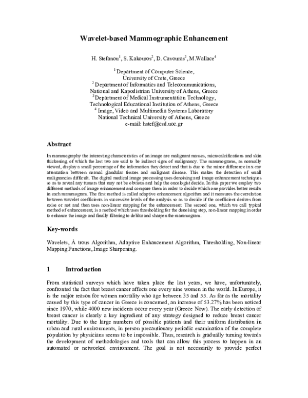 (PDF) Wavelet based adaptive algorithm for mammographic images enhancement and denoising