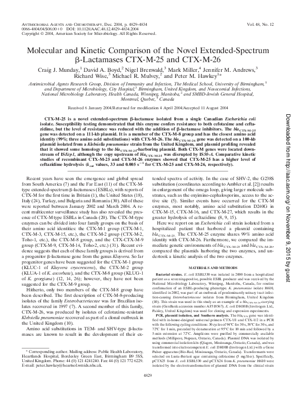 (PDF) Molecular and Kinetic Comparison of the Novel Extended-Spectrum β ...