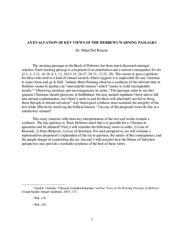 (PDF) An Evaluation of Key Views of the Hebrews Warning Passages