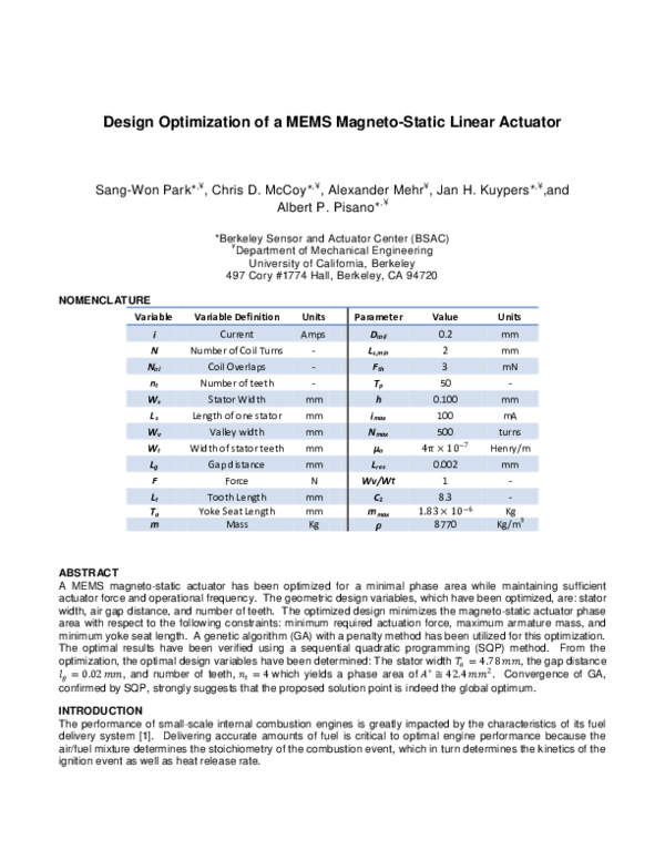 Pdf Design Optimization Of A Mems Magneto Static Linear Actuator