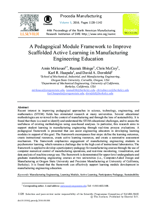 (PDF) A Pedagogical Module Framework to Improve Scaffolded Active Learning in Manufacturing ...