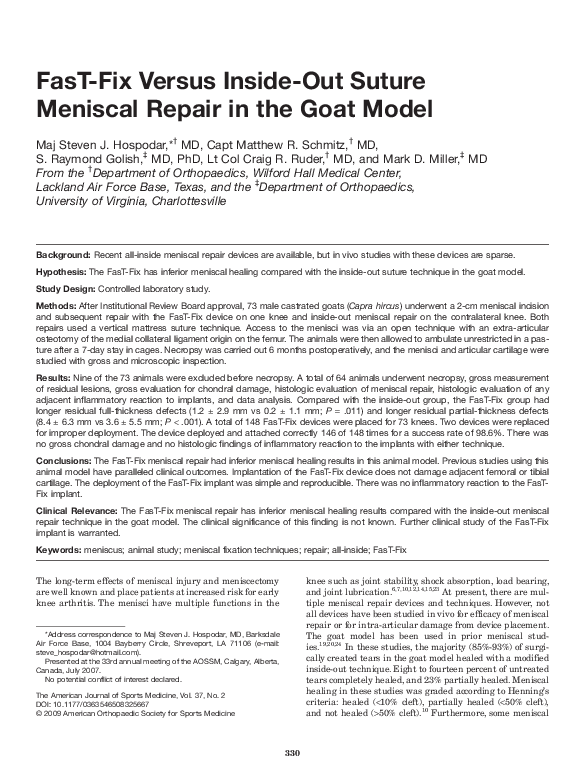 (PDF) FasT-Fix versus Inside-Out Suture Meniscal Repair in the Goat Model