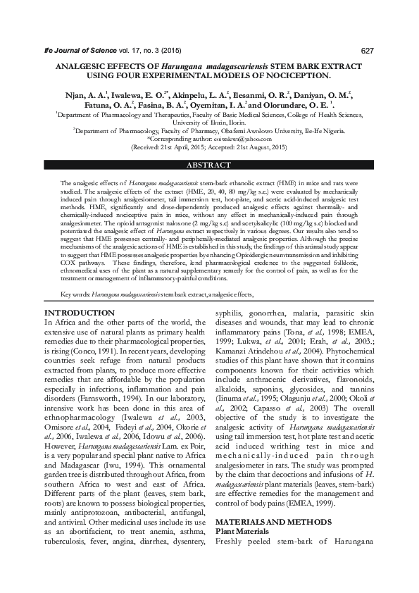 (PDF) Analgesic effects of Harungana madagascariensis stem bark extract ...