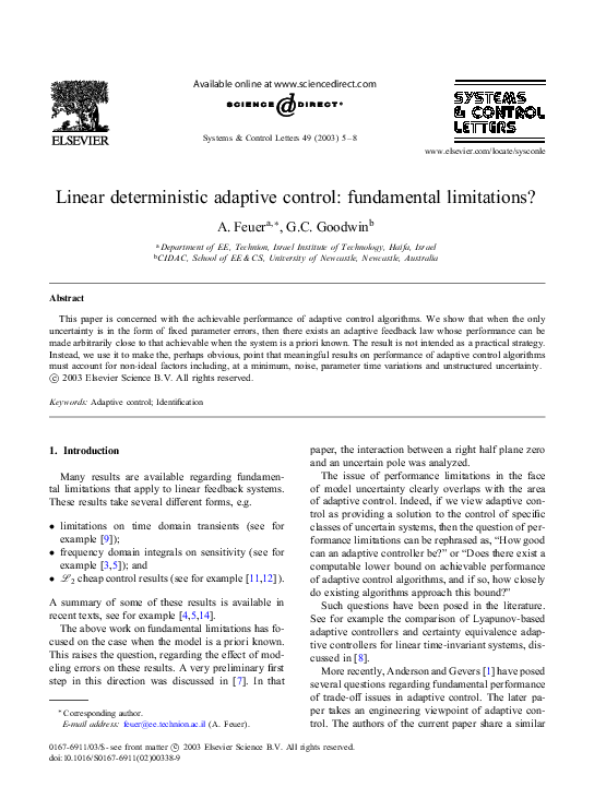 Pdf Linear Deterministic Adaptive Control Fundamental Limitations 0460