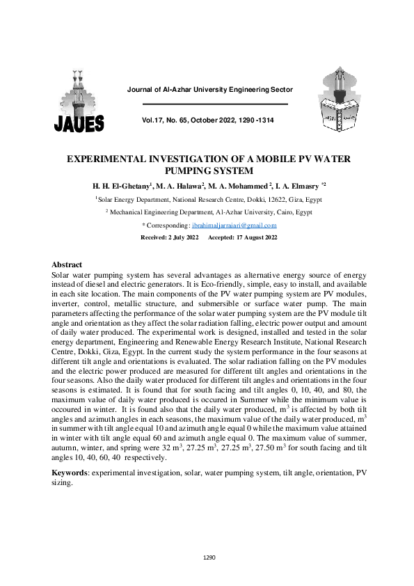 Pdf Experimental Investigation Of A Mobile Pv Water Pumping System Dr Hamdy Hassan