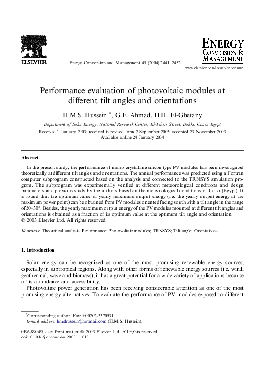 (PDF) Performance evaluation of photovoltaic modules at different tilt angles and orientations