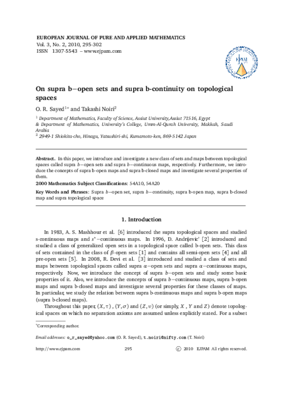 (PDF) On supra b open sets and supra b-continuity on topological spaces
