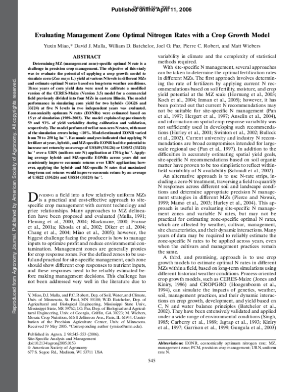 (PDF) Evaluating Management Zone Optimal Nitrogen Rates with a Crop ...